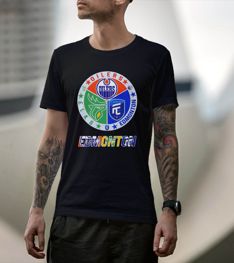 Oilers Elks FC Edmonton Sports Team Logo Collage T-Shirt