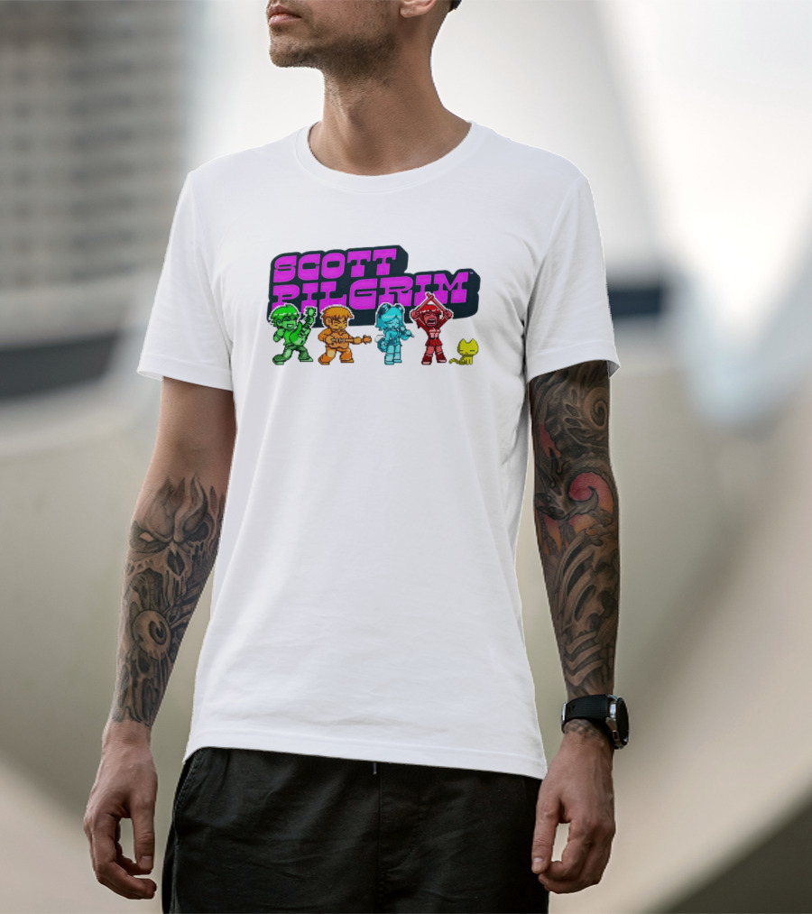 Scott Pilgrim Pixel Characters With Neon Title And Cat T-Shirt