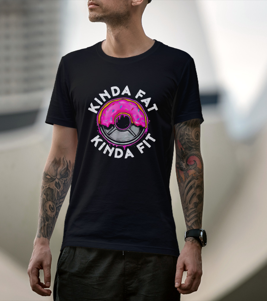 Kinda Fat Kinda Fit Pink Frosted Donut With Sprinkles And Weight Plate T-Shirt
