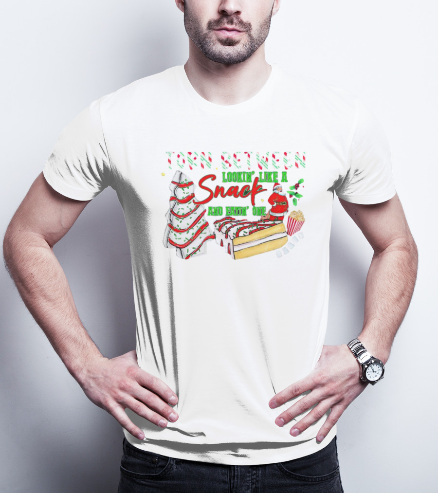 Torn Between Looking Like A Snack And Eatin' One Christmas Santa Tree Cake Popcorn T-Shirt