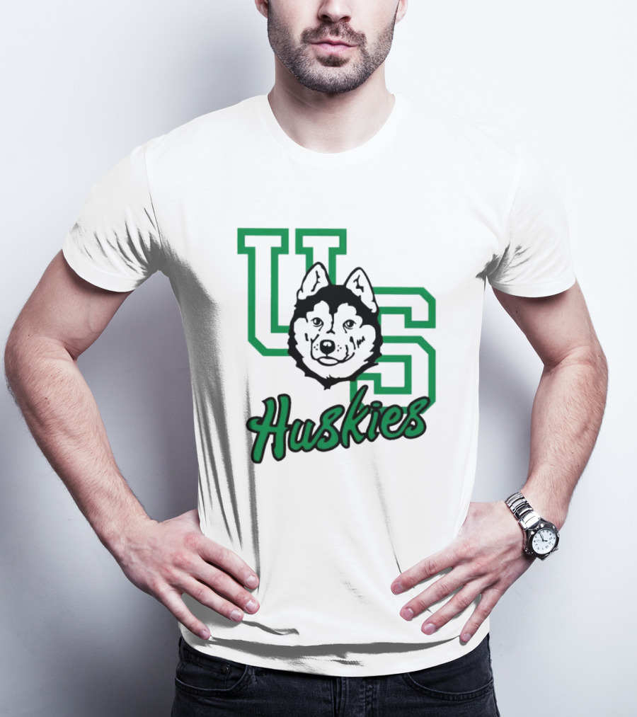 U Of S Huskies Logo With Husky Face Overlapping Bold Green Letters T-Shirt