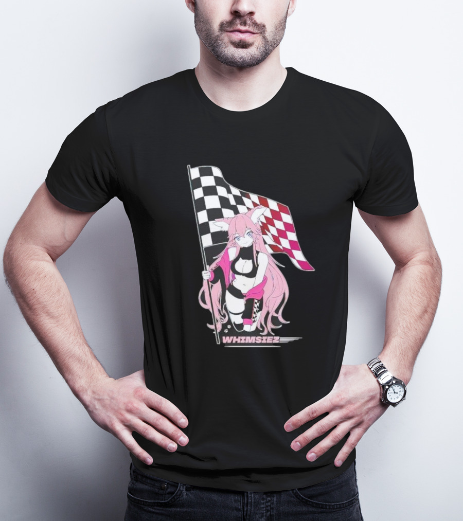 Whimsiez Checkered Flag Pink-Haired Girl Racing T-Shirt