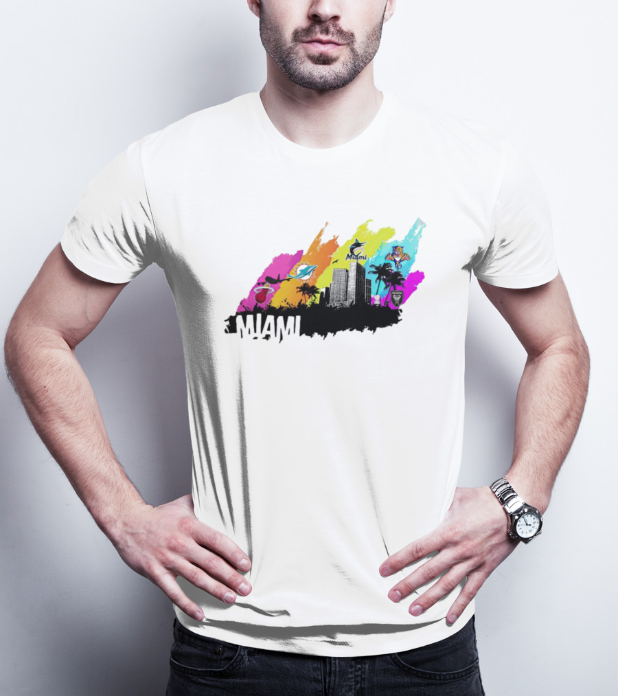 Miami City Skyline With Sports Team Logos And Vibrant Colors T-Shirt