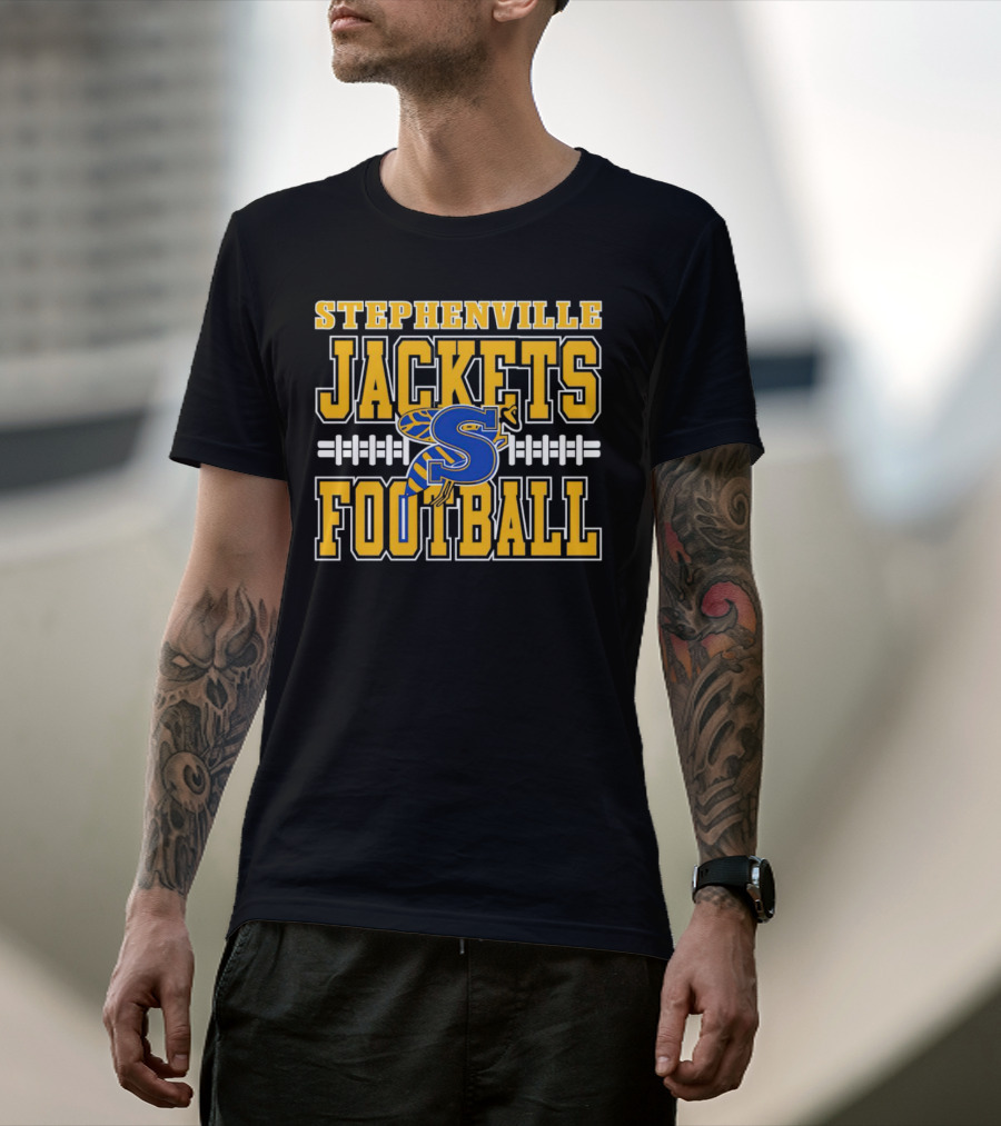 Stephenville Jackets Football S Logo Yellow And Blue Football T-Shirt