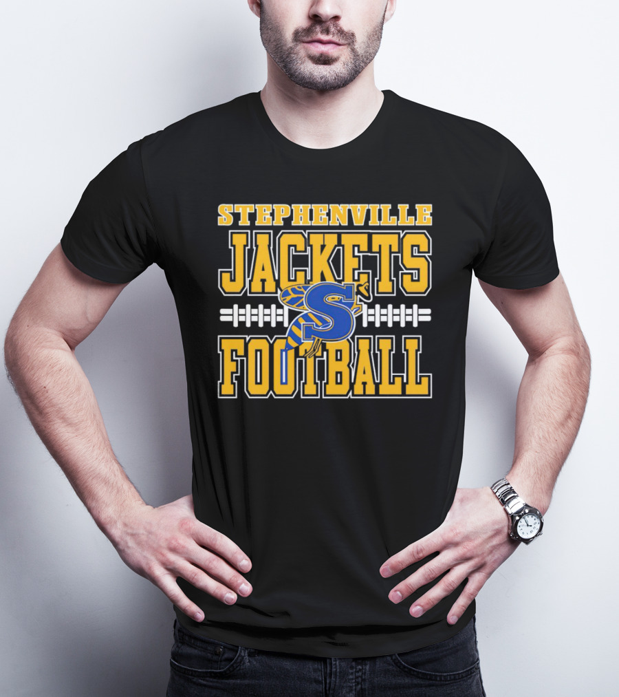 Stephenville Jackets Football S Logo Yellow And Blue Football T-Shirt