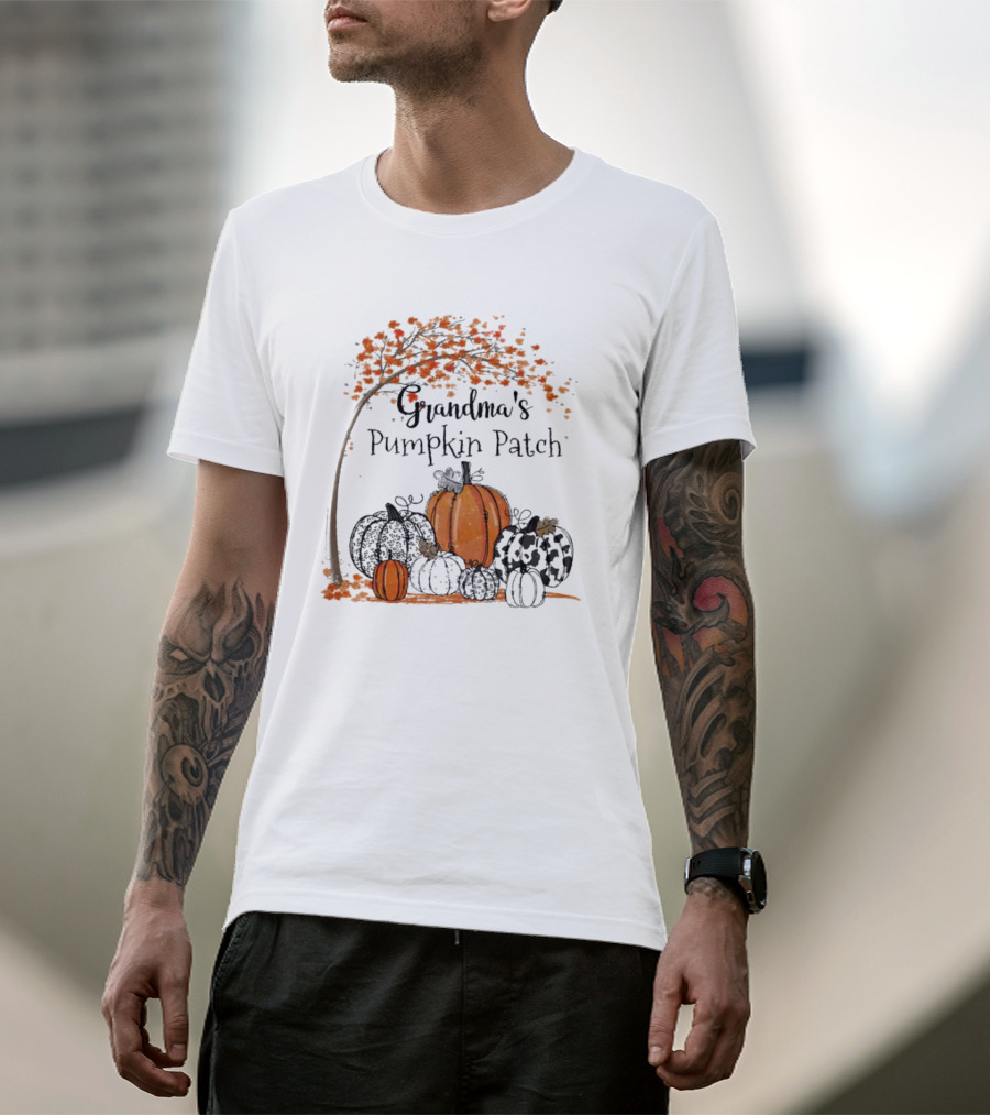 Grandma's Pumpkin Patch Autumn Harvest With Fall Leaves And Pumpkins T-Shirt