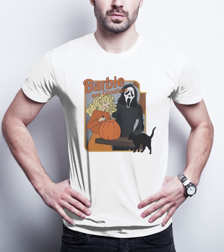 Barbie And Ghostface Halloween Pumpkin Carving Scene With Black Cat T-Shirt