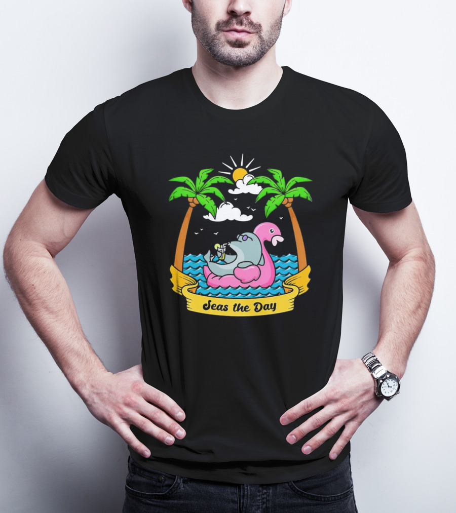 Seas The Day Relaxed Fit Palm Trees Flamingo Float Sunshine Clouds Ocean Waves T-Shirt