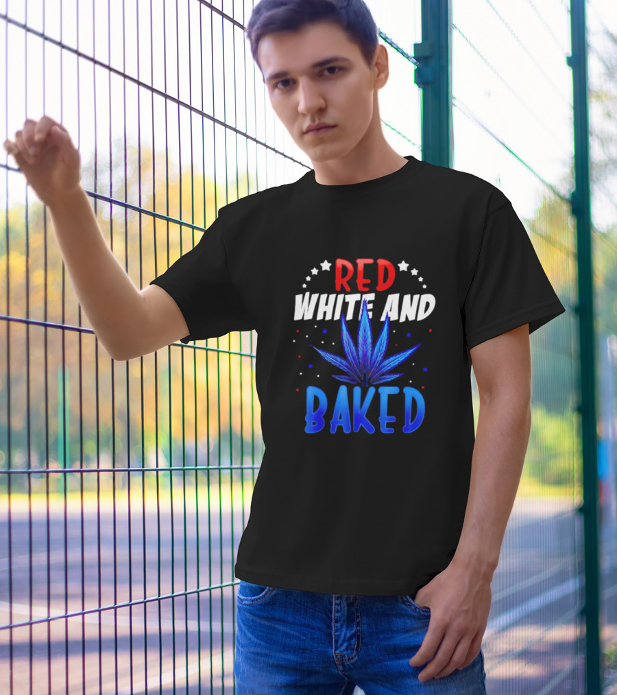 Red White And Baked Weed Leaf With Stars And Dots T-Shirt