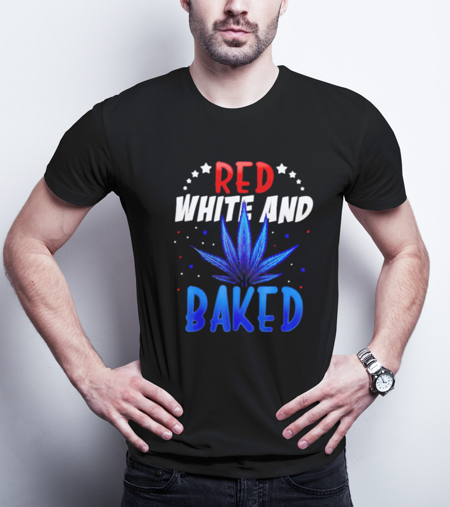 Red White And Baked Weed Leaf With Stars And Dots T-Shirt