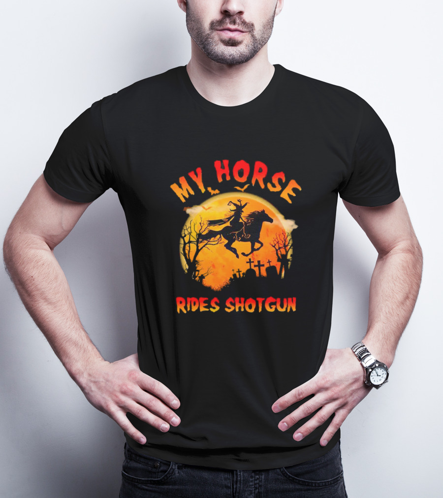 My Horse Rides Shotgun Halloween Witch Graveyard Scene T-Shirt