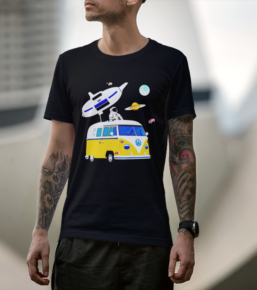 Astronaut Riding Yellow Volkswagen Bus With Rocket And Saturn Planet Background T-Shirt