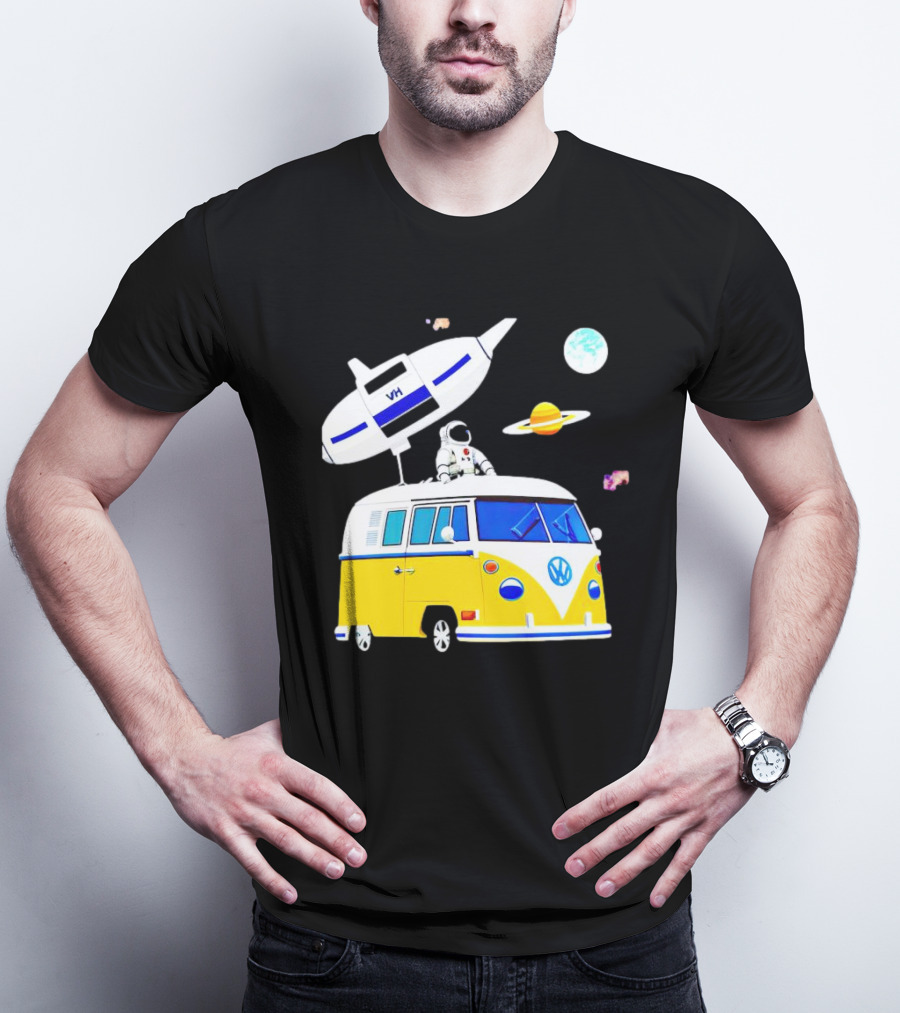 Astronaut Riding Yellow Volkswagen Bus With Rocket And Saturn Planet Background T-Shirt
