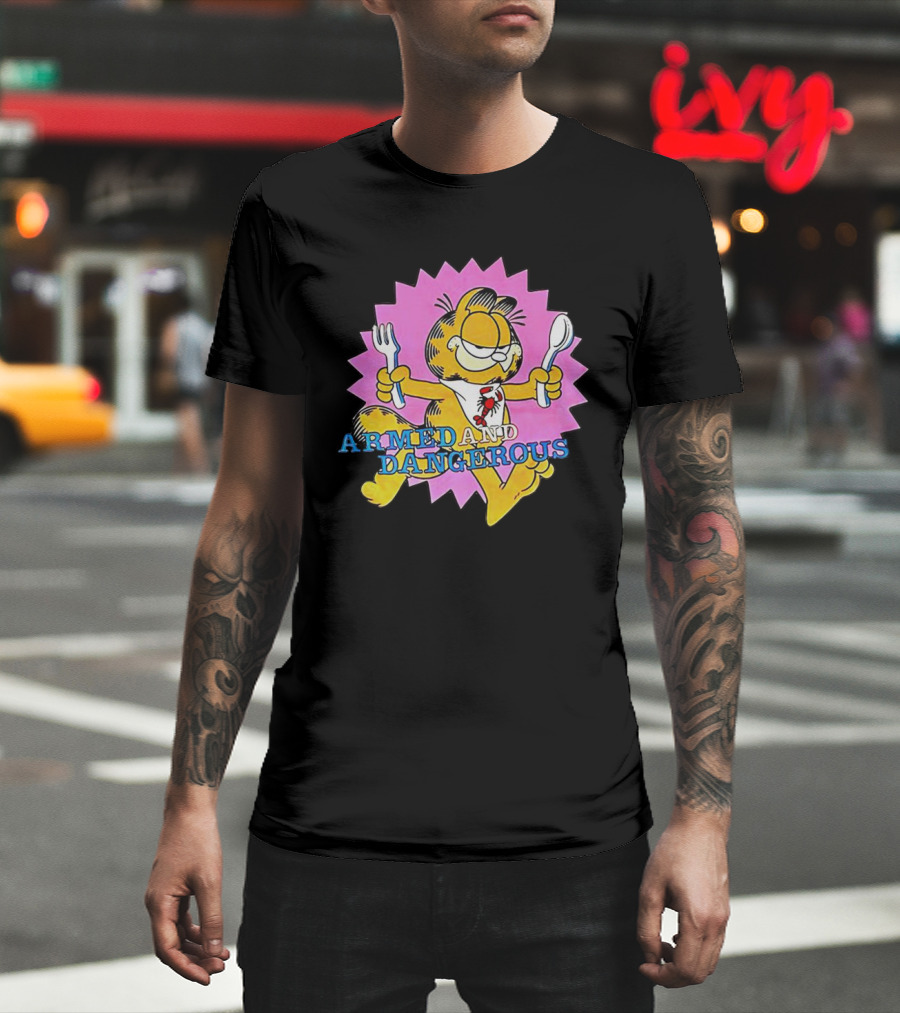 Armed And Dangerous Garfield With Fork And Spoon On Pink Starbursts T-Shirt