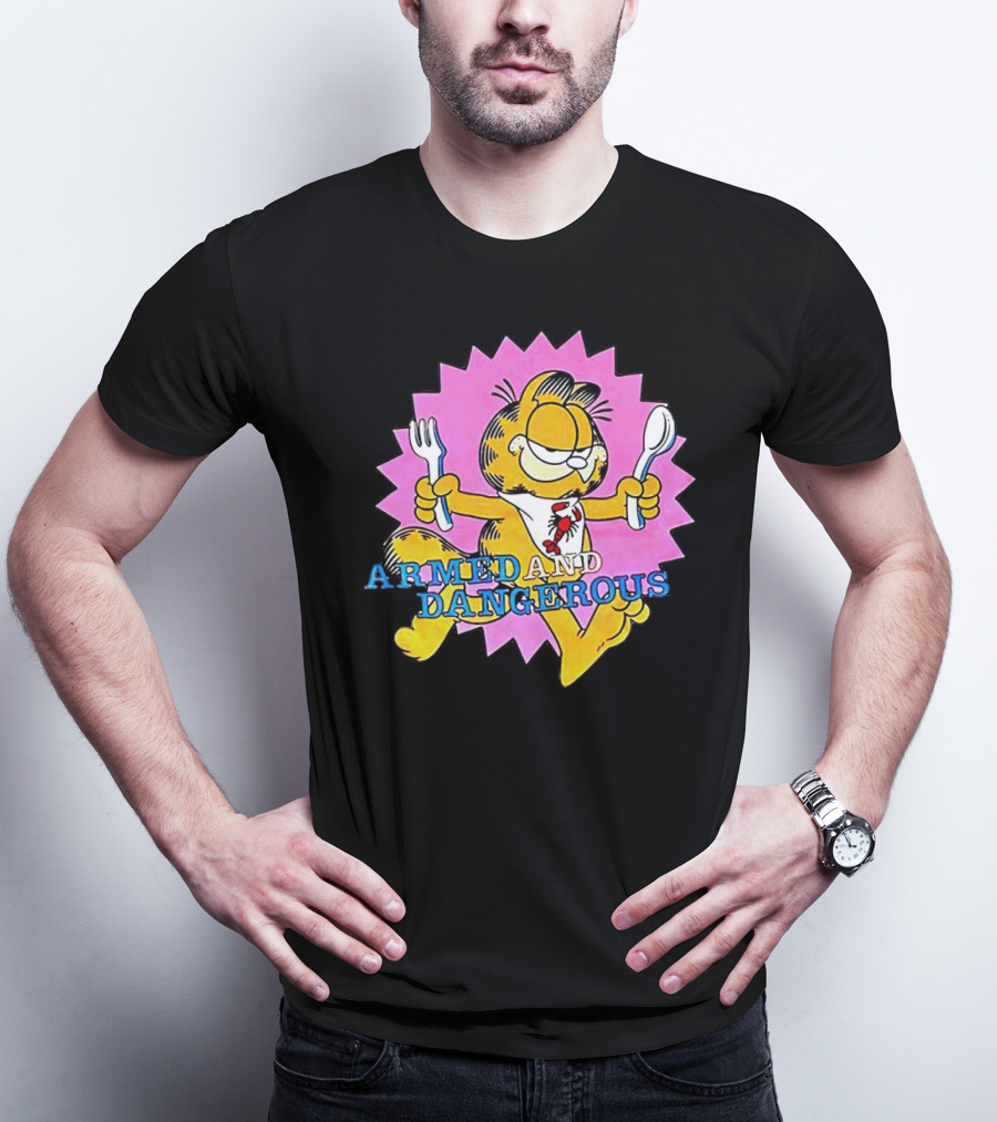 Armed And Dangerous Garfield With Fork And Spoon On Pink Starbursts T-Shirt