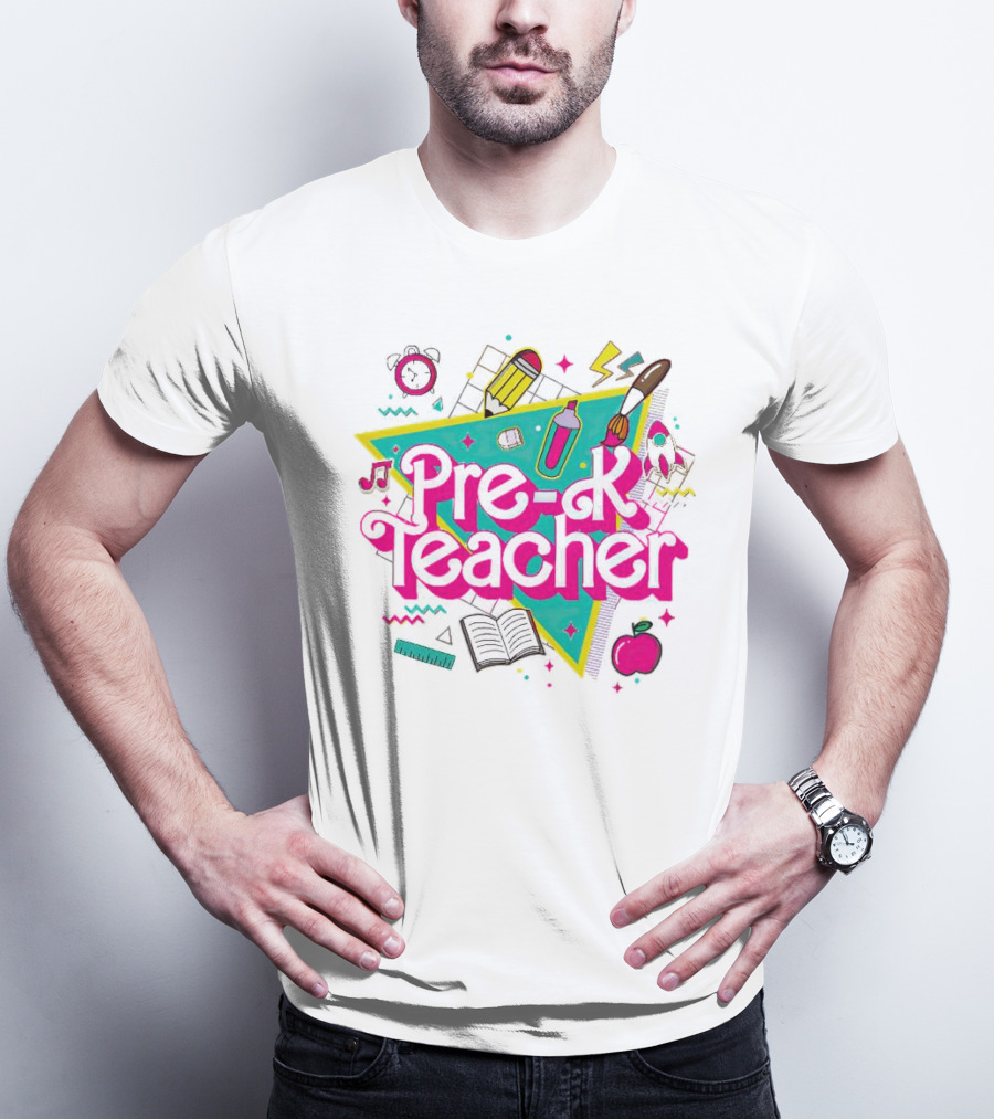 Pre-K Teacher Neon Art Supplies And Icons T-Shirt