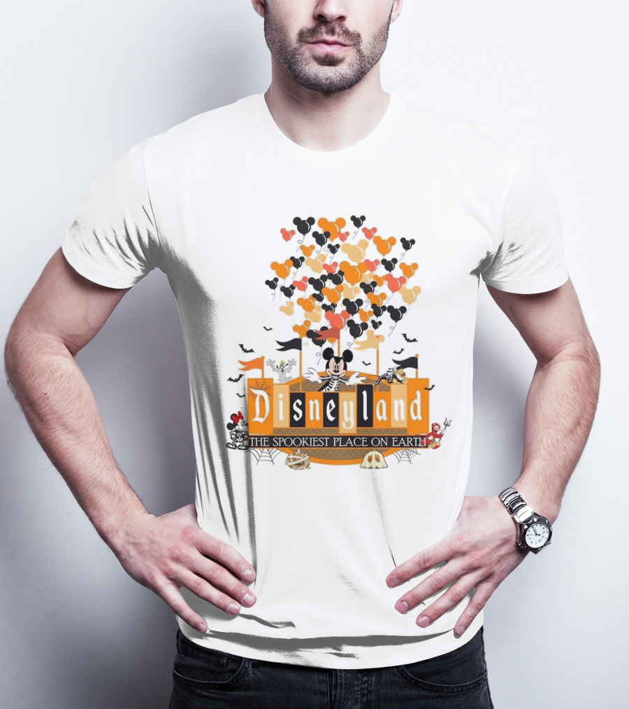 Disneyland Halloween Mickey Mouse The Spookiest Place On Earth Orange Bats And Pumpkins T-Shirt