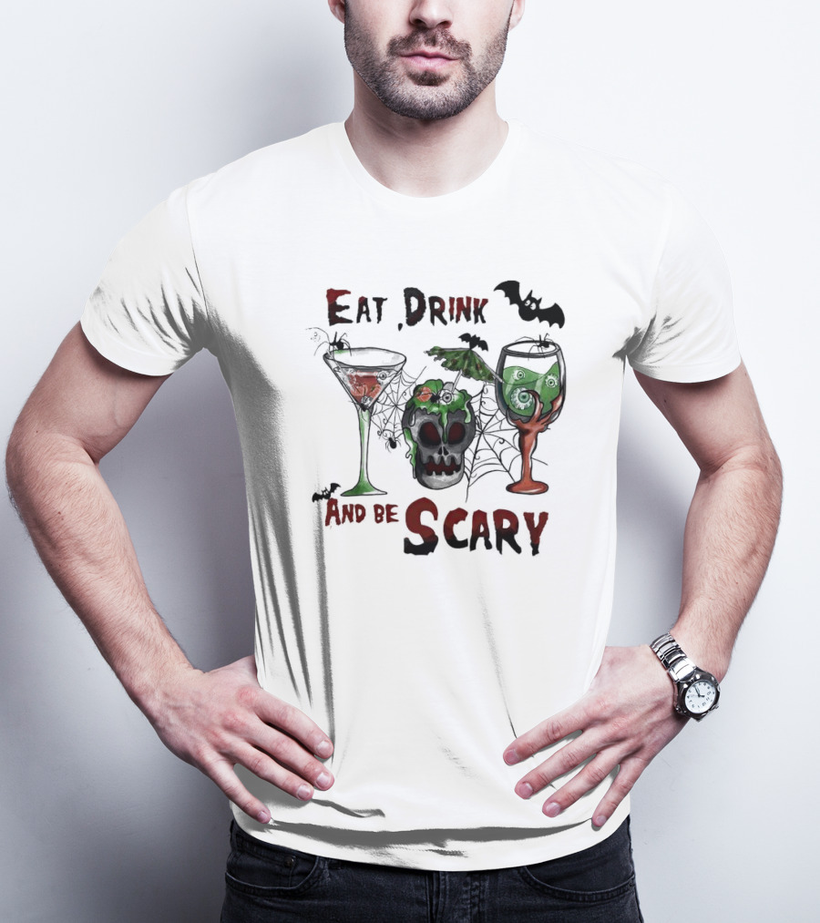 Eat Drink And Be Scary Halloween With Bat And Skull Cocktails T-Shirt
