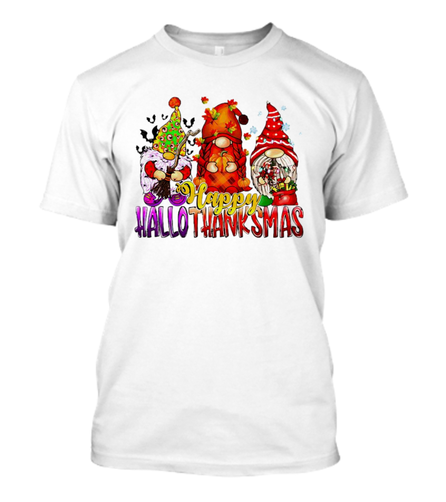 Happy Hallothanksmas Gnomes Halloween Thanksgiving Christmas T-Shirt