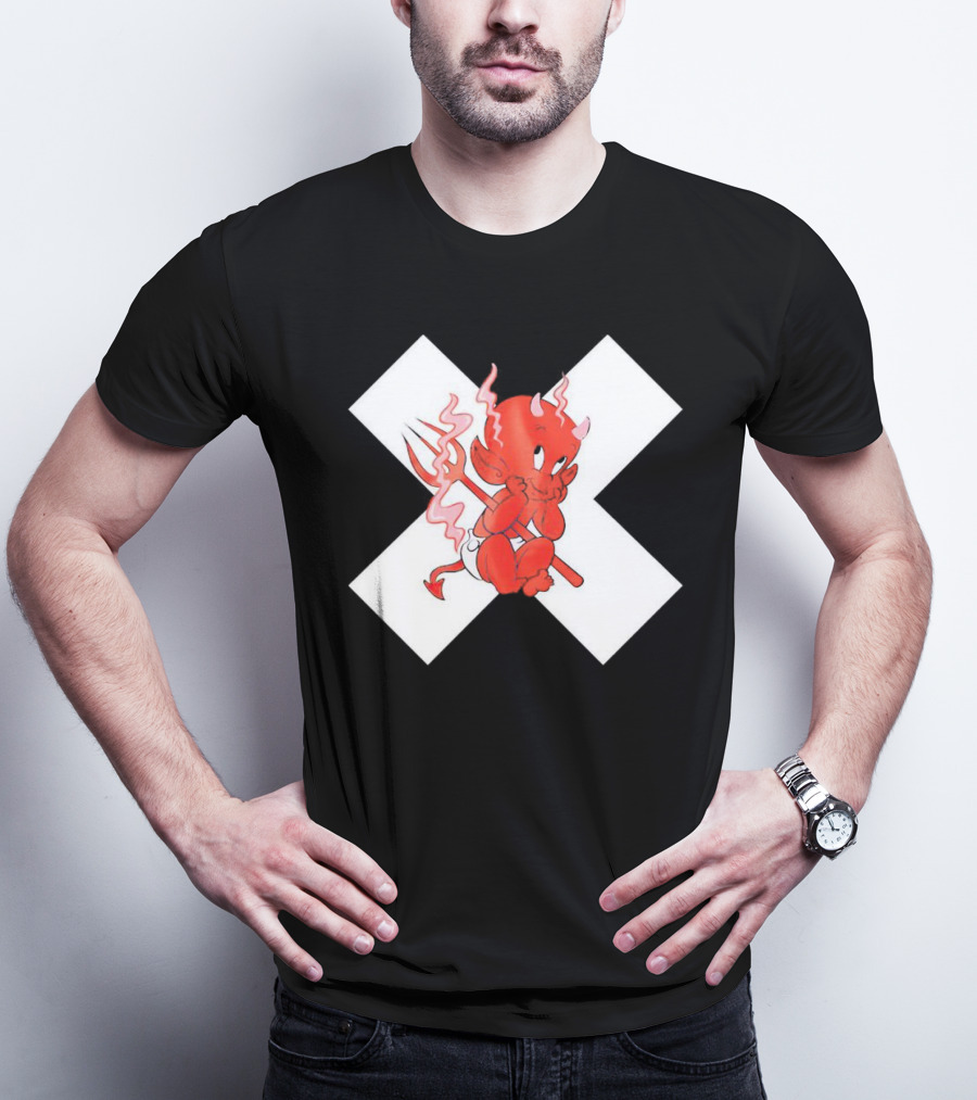 Baby Devil Cartoon Character With Pitchfork On White X T-Shirt