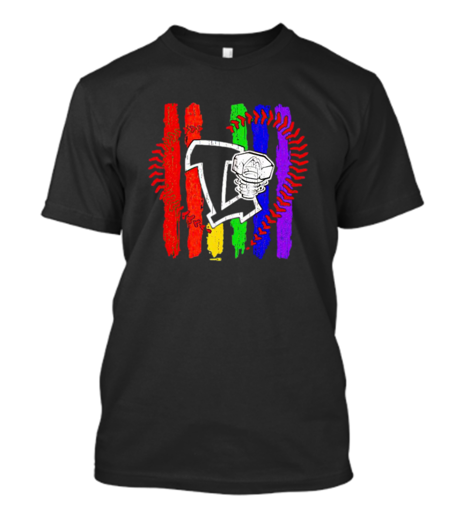 Lansing Lugnuts Pride Logo With Rainbow Stripes And Baseball Seam T-Shirt