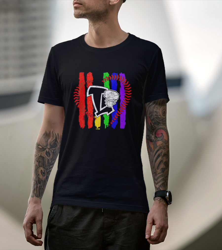Lansing Lugnuts Pride Logo With Rainbow Stripes And Baseball Seam T-Shirt