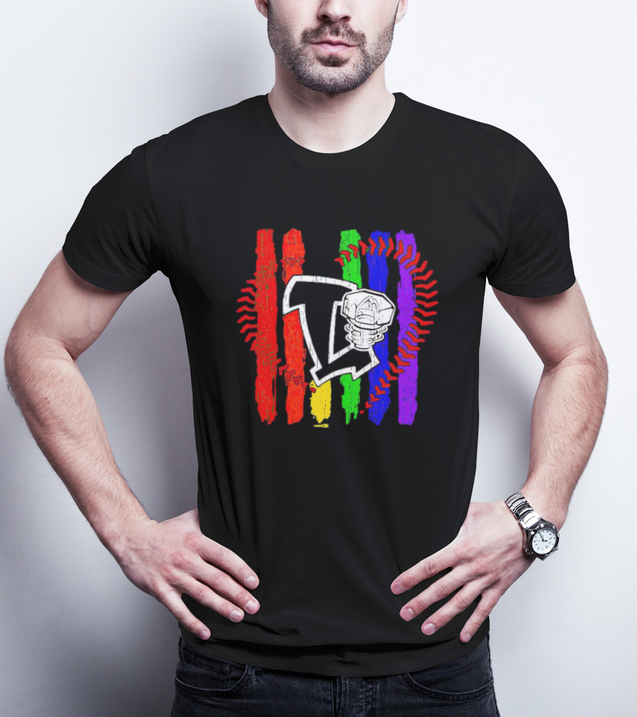 Lansing Lugnuts Pride Logo With Rainbow Stripes And Baseball Seam T-Shirt