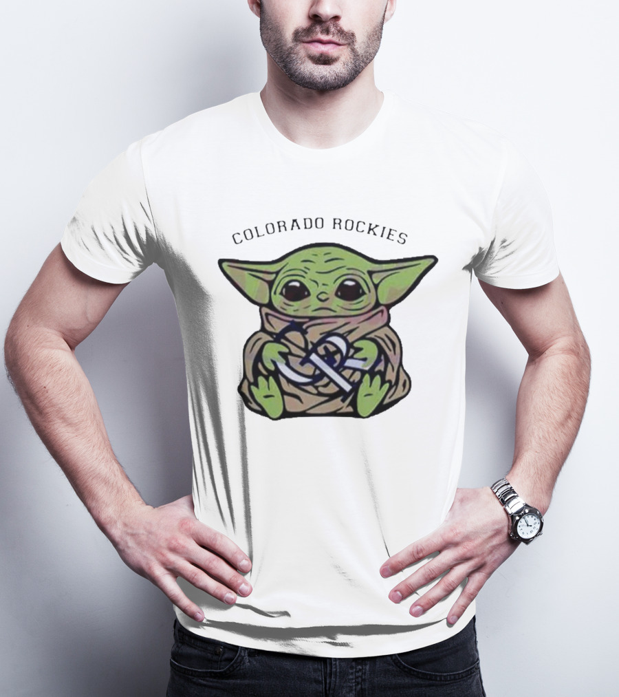 Baby Yoda Hugging Colorado Rockies T-Shirt