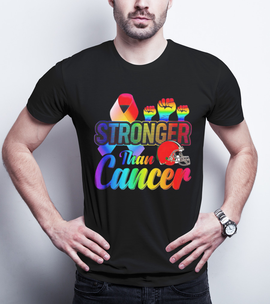 Cleveland Browns Stronger Than Cancer Rainbow Ribbon And Helmet T-Shirt