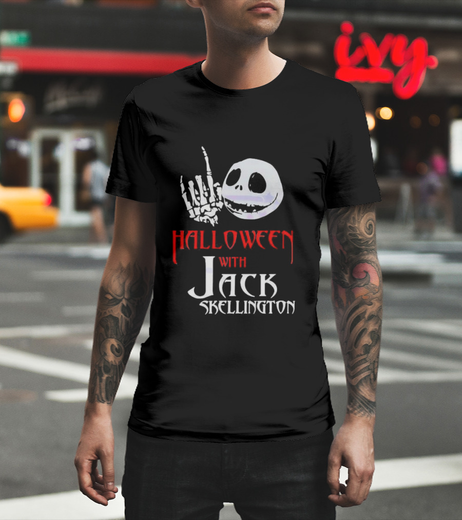 Halloween Fun With Jack Skellington's Face And Hand Gesture T-Shirt