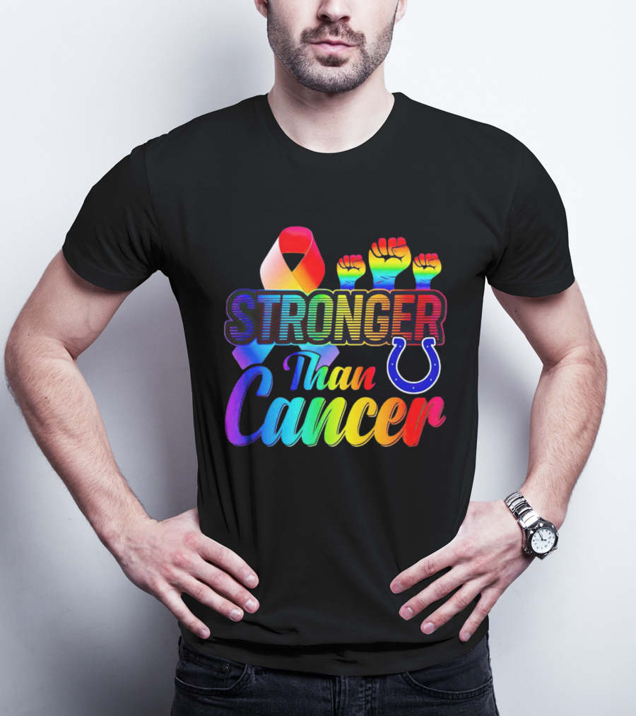 Stronger Than Cancer Indianapolis Colts Rainbow Ribbon And Fists Icons T-Shirt