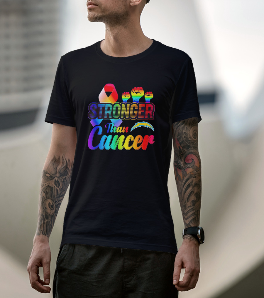 Los Angeles Chargers Stronger Than Cancer Rainbow Ribbon And Fists T-Shirt