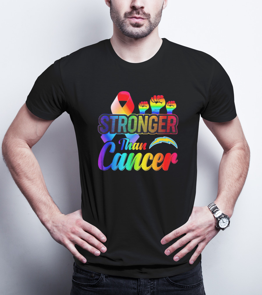 Los Angeles Chargers Stronger Than Cancer Rainbow Ribbon And Fists T-Shirt