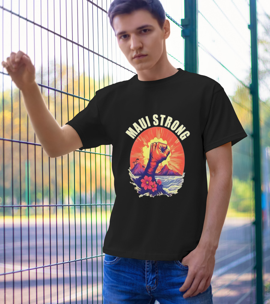 Maui Strong Fist With Vintage Island Sunrise And Hibiscus Flowers T-Shirt