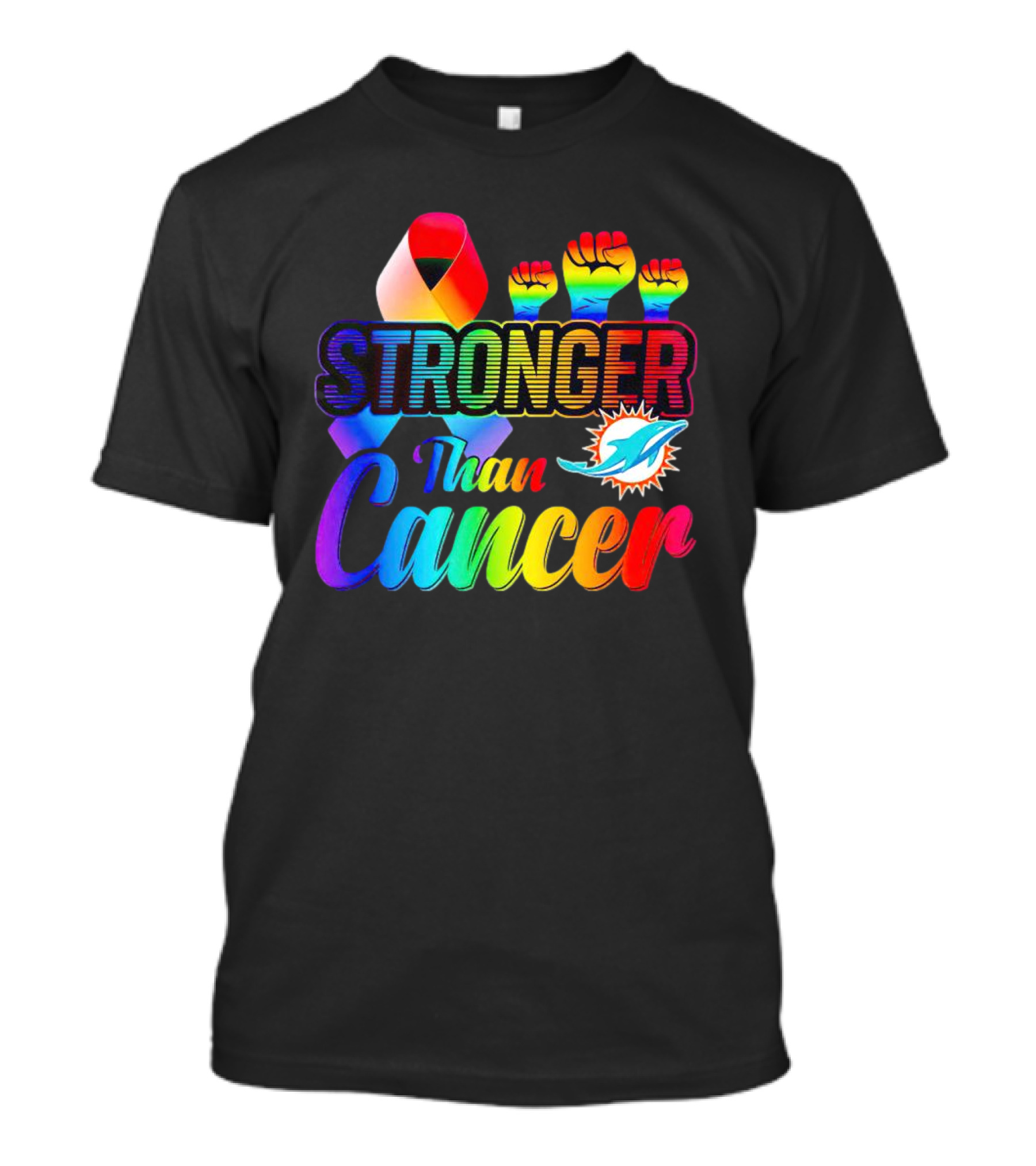 Stronger Than Cancer Miami Dolphins Rainbow Ribbon And Fists T-Shirt