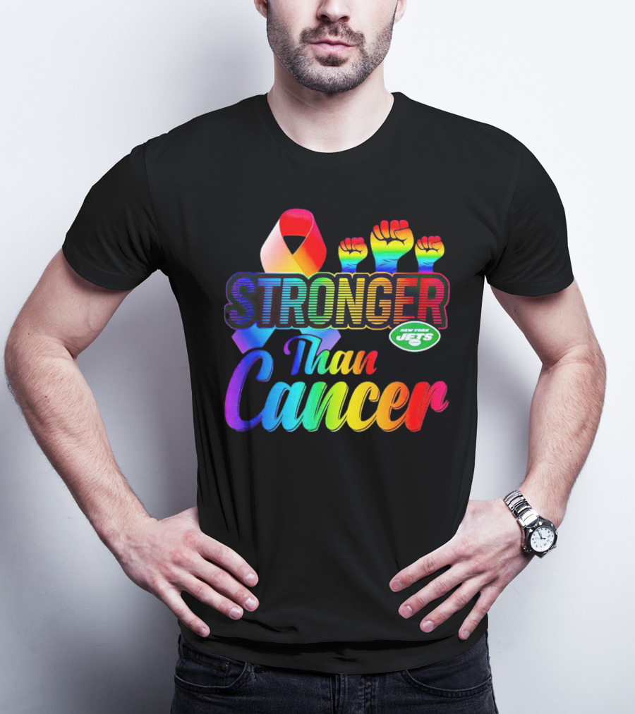 New York Jets Stronger Than Cancer Rainbow Ribbon And Fists T-Shirt