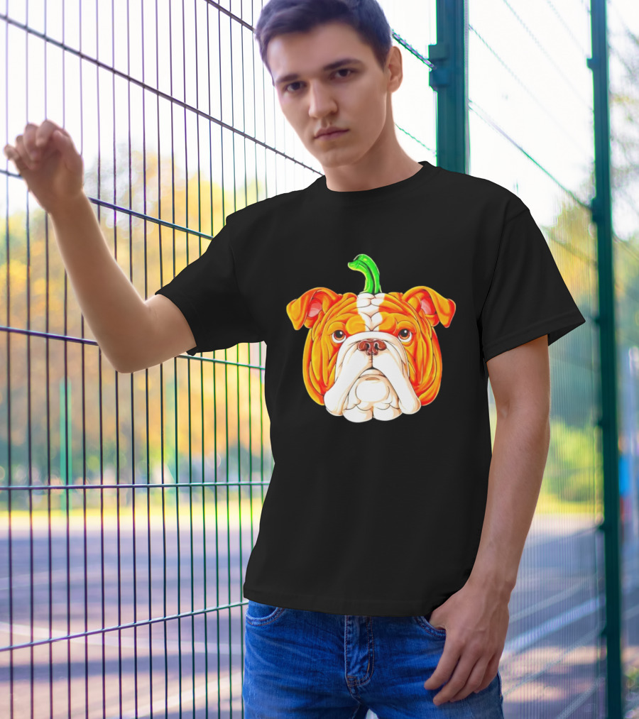 Bulldog Pumpkin Halloween Face With Green Stem T-Shirt