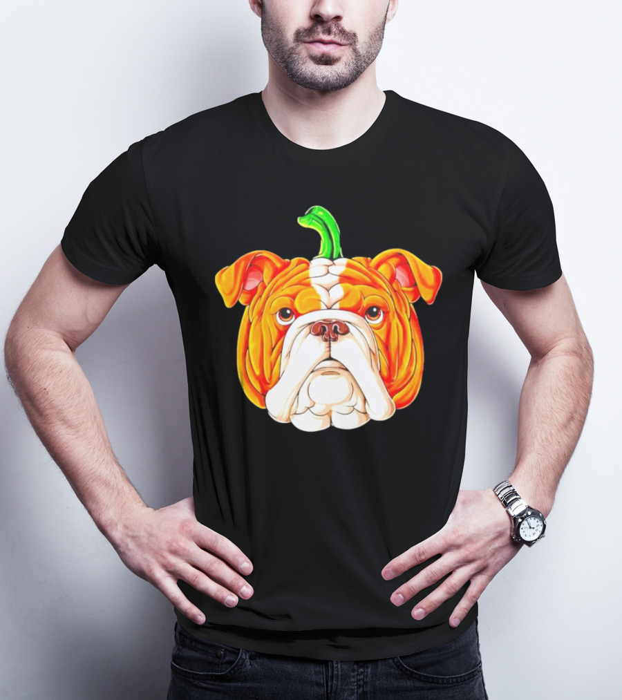 Bulldog Pumpkin Halloween Face With Green Stem T-Shirt