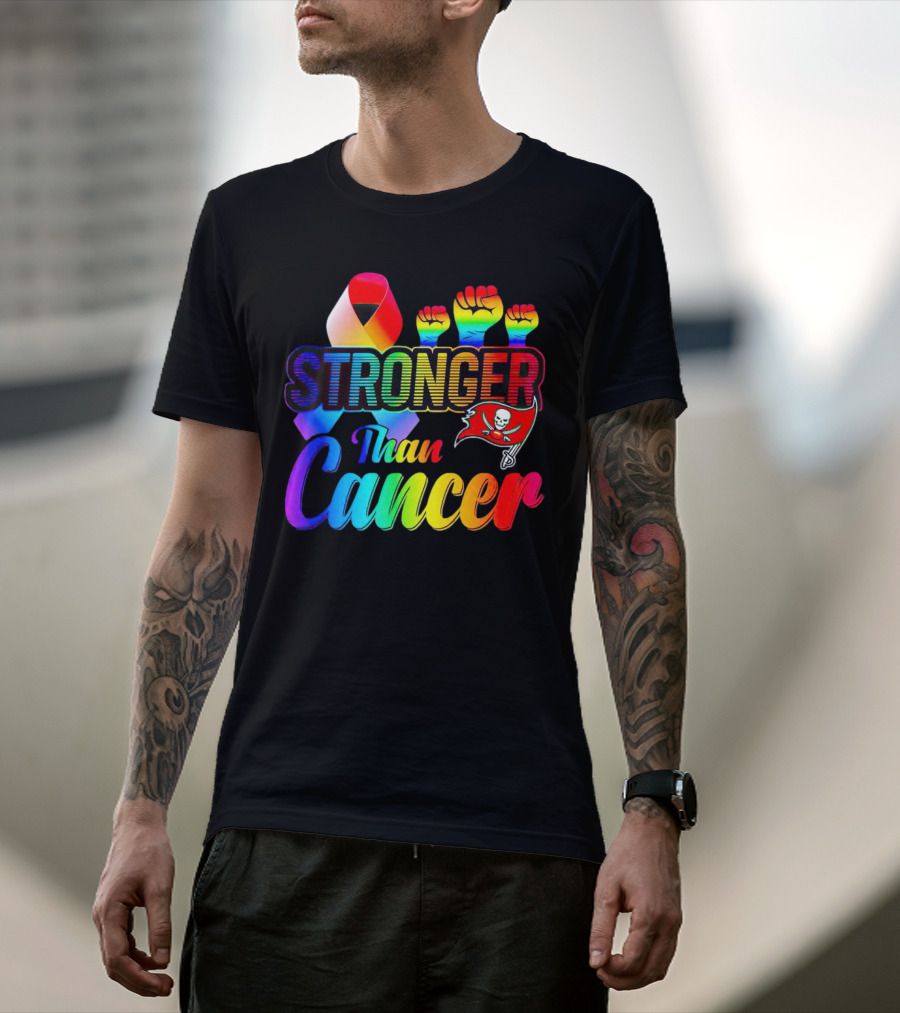 Tampa Bay Buccaneers Stronger Than Cancer Rainbow Ribbon Fists T-Shirt
