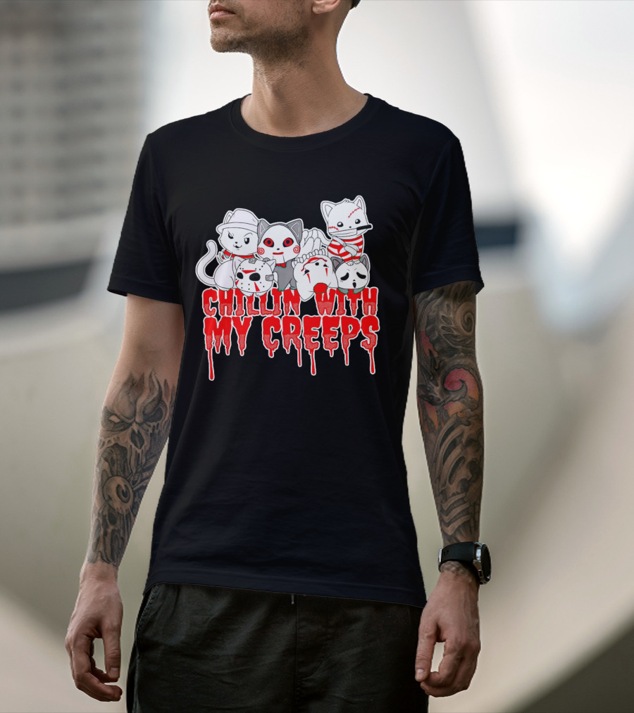 Chillin With My Creeps Cat Horror Icons T-Shirt