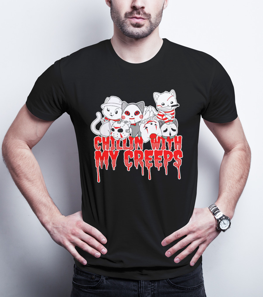 Chillin With My Creeps Cat Horror Icons T-Shirt