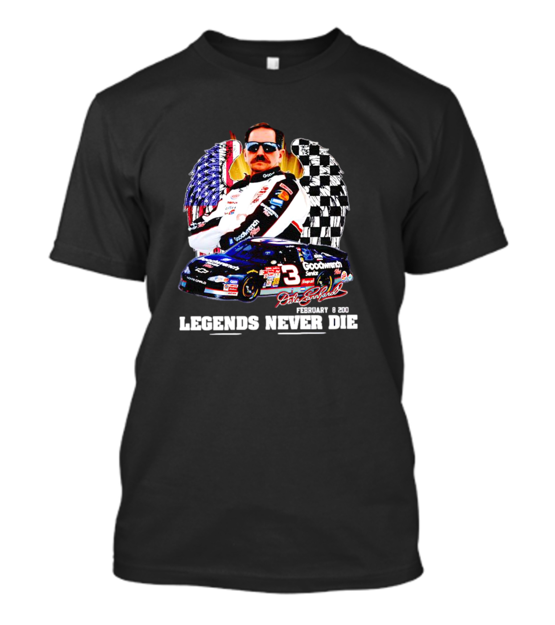 Dale Earnhardt Legends Never Die February 18 2001 Racing Icon American Flag Checkered Flag T-Shirt