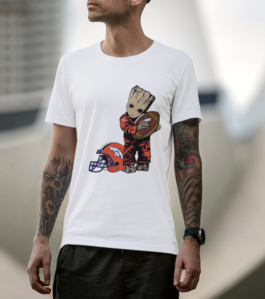 Groot Hugging Denver Broncos Football And Helmet T-Shirt