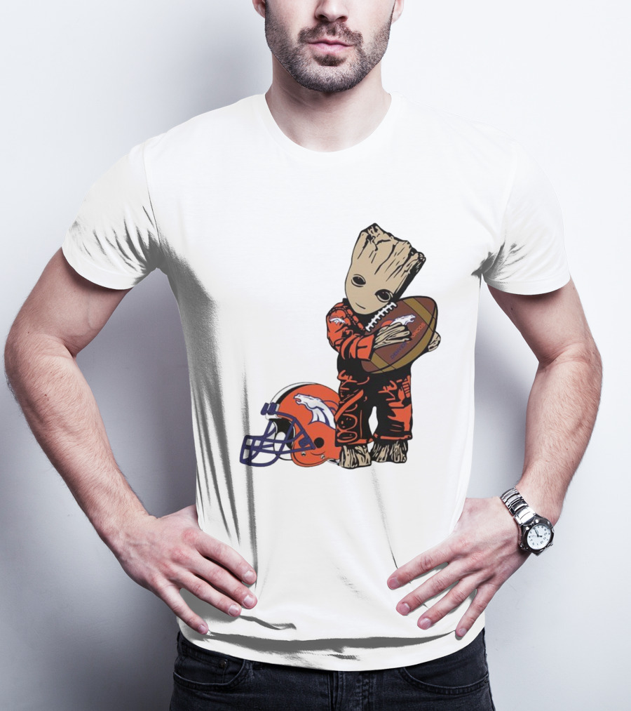 Groot Hugging Denver Broncos Football And Helmet T-Shirt