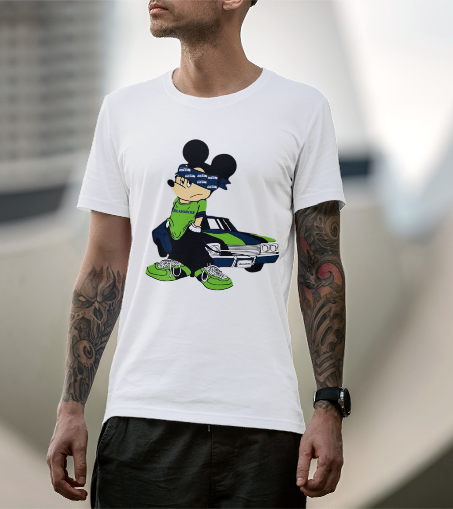 Seattle Seahawks Mickey Mouse Gangster Car Football Fan T-Shirt