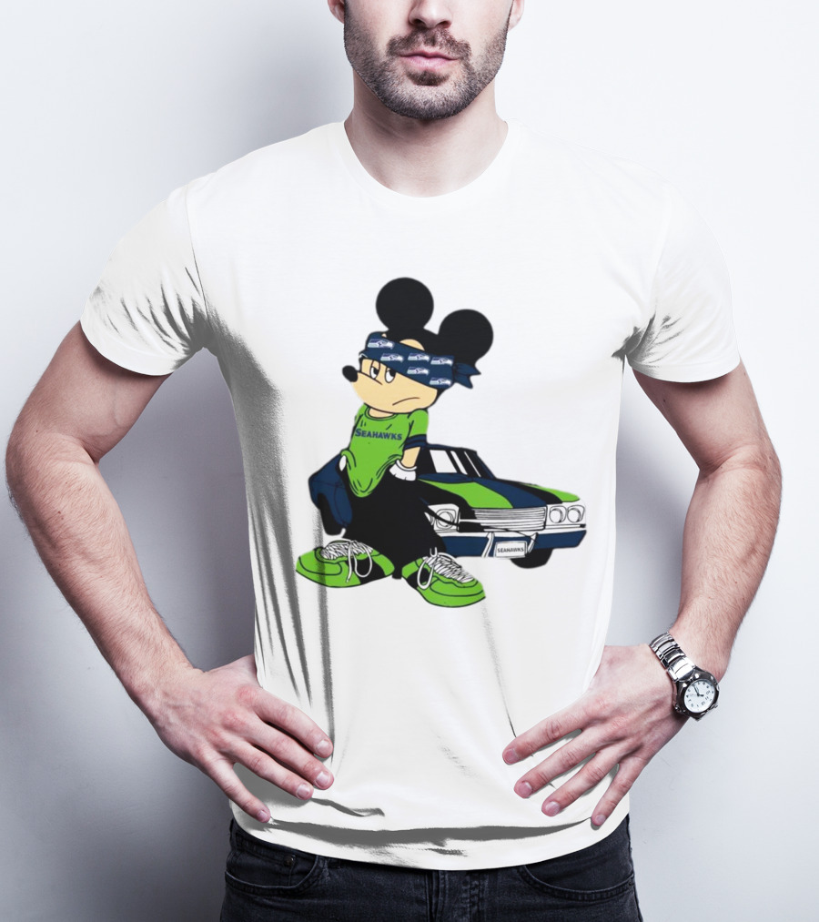 Seattle Seahawks Mickey Mouse Gangster Car Football Fan T-Shirt