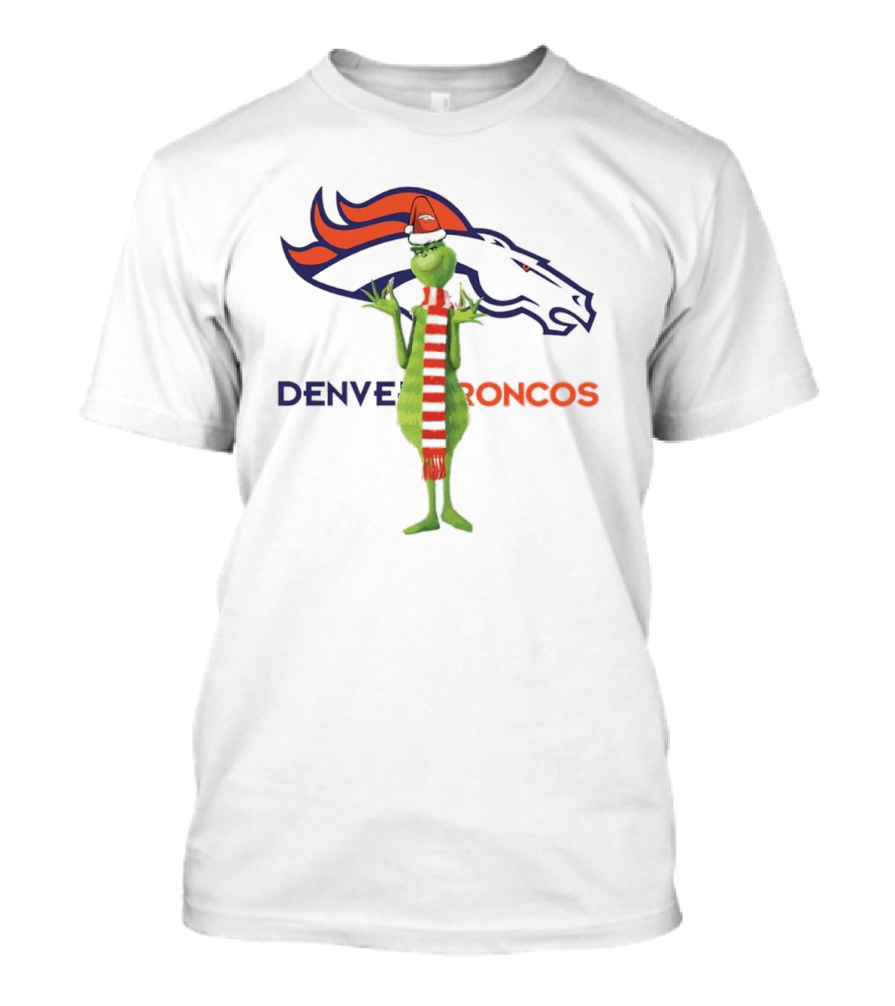 Grinch In Santa Hat And Scarf With Denver Broncos T-Shirt