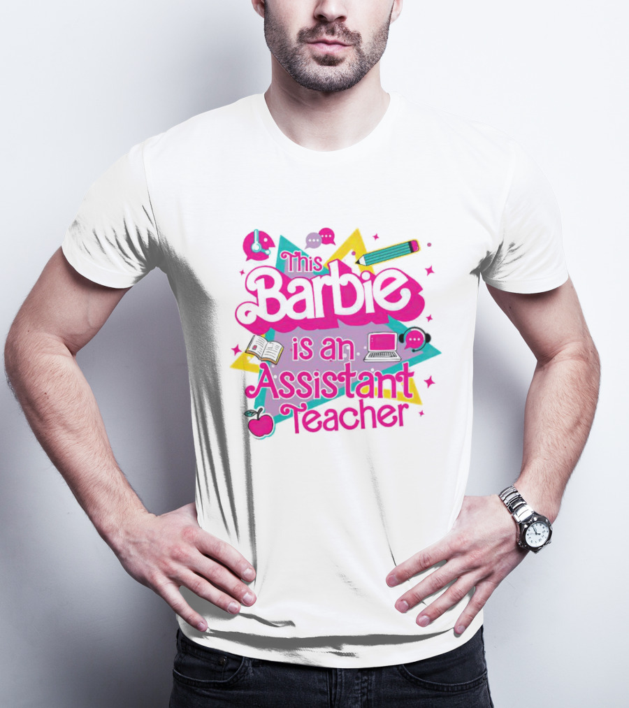 This Barbie Is An Assistant Teacher With Headphones Pencil Book Laptop Apple T-Shirt