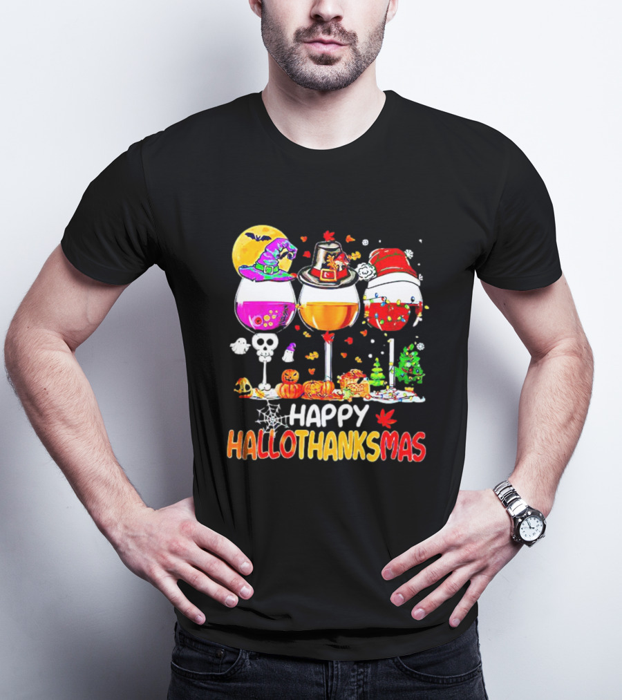 Happy Hallothanksmas Wine Halloween Thanksgiving Christmas T-Shirt