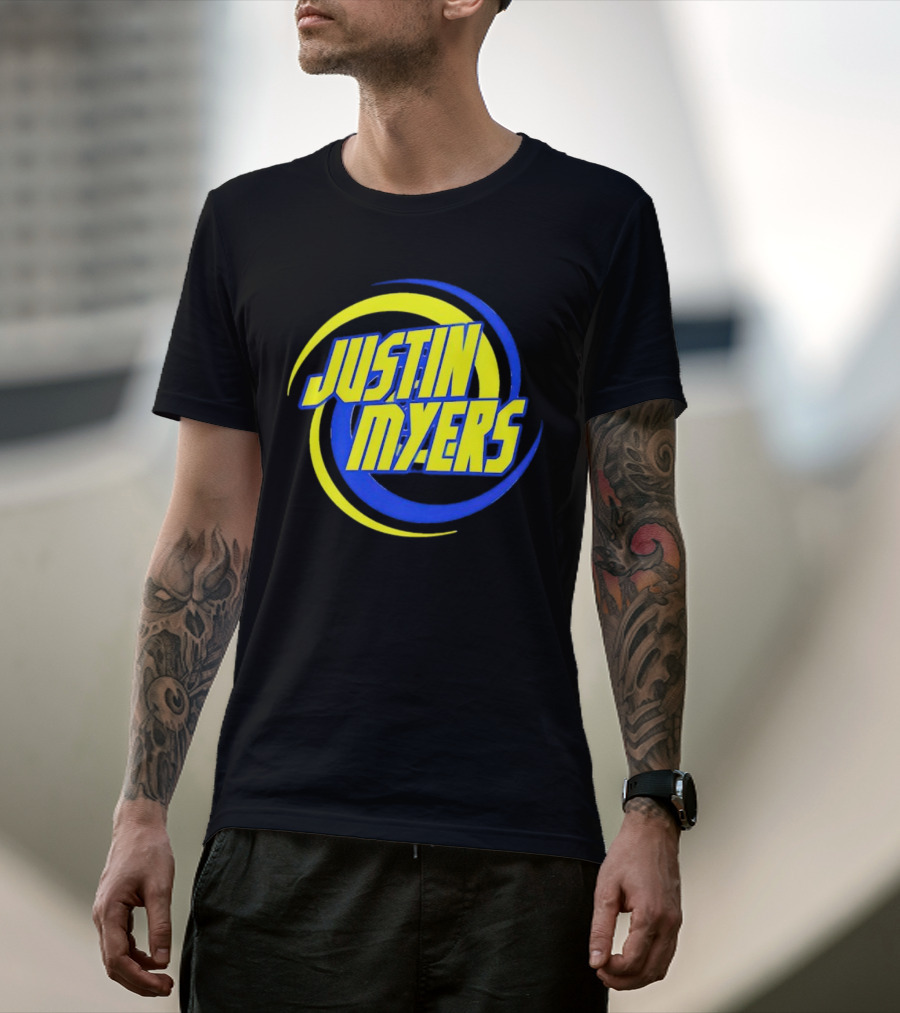JUSTIN MYERS Blue Yellow Spiral Circle Text T-Shirt